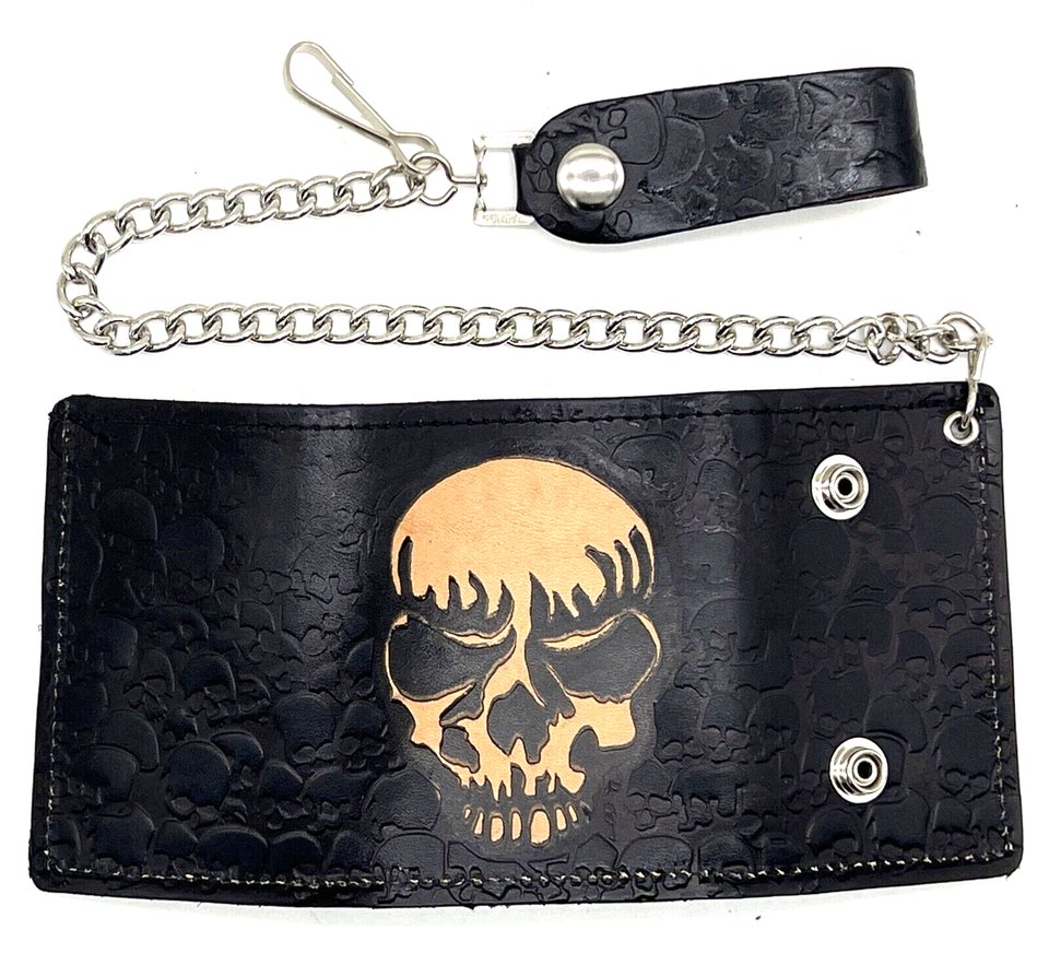 Genuine Black Leather Trifold All Over Embossed Skull Chain Wallet Made ...