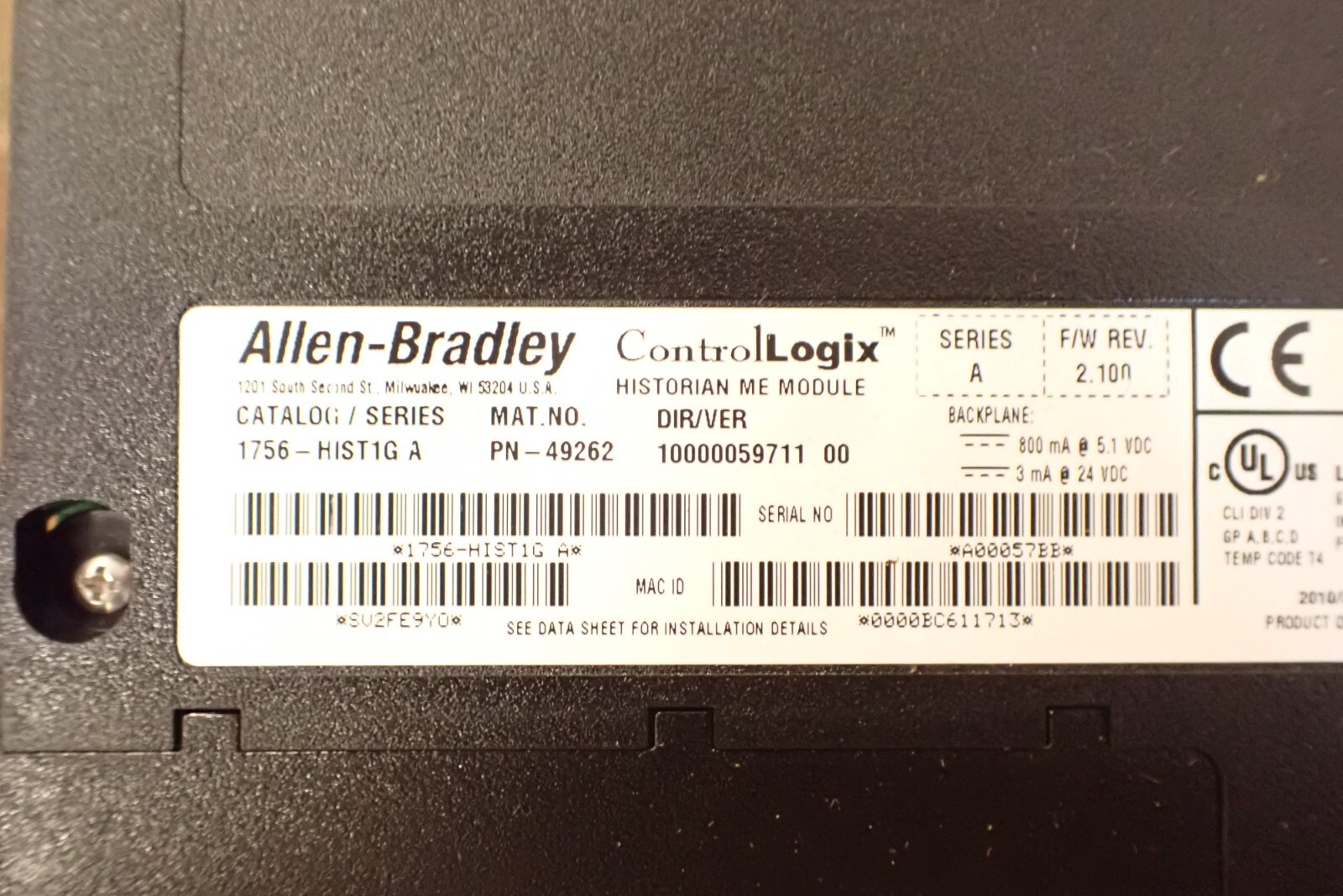 Allen-Bradley 1756-HIST1G ControlLogix FactoryTalk Historian ME Module ...