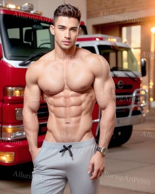 Male Model Photo Print Muscular Handsome Fireman Hunk Abs Jock -MM401 | eBay