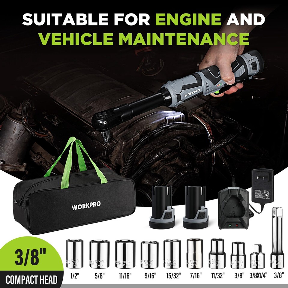WORKPRO 3/8" Cordless Electric Ratchet Wrench Extended Head 40 Ft-lb ...