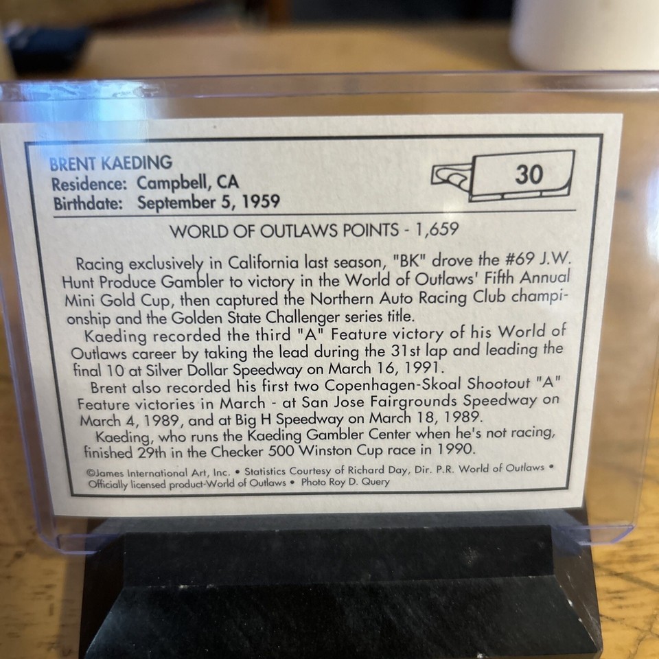 1991 World of Outlaws Racing, Brent Kaeding, Card #30, Protective ...