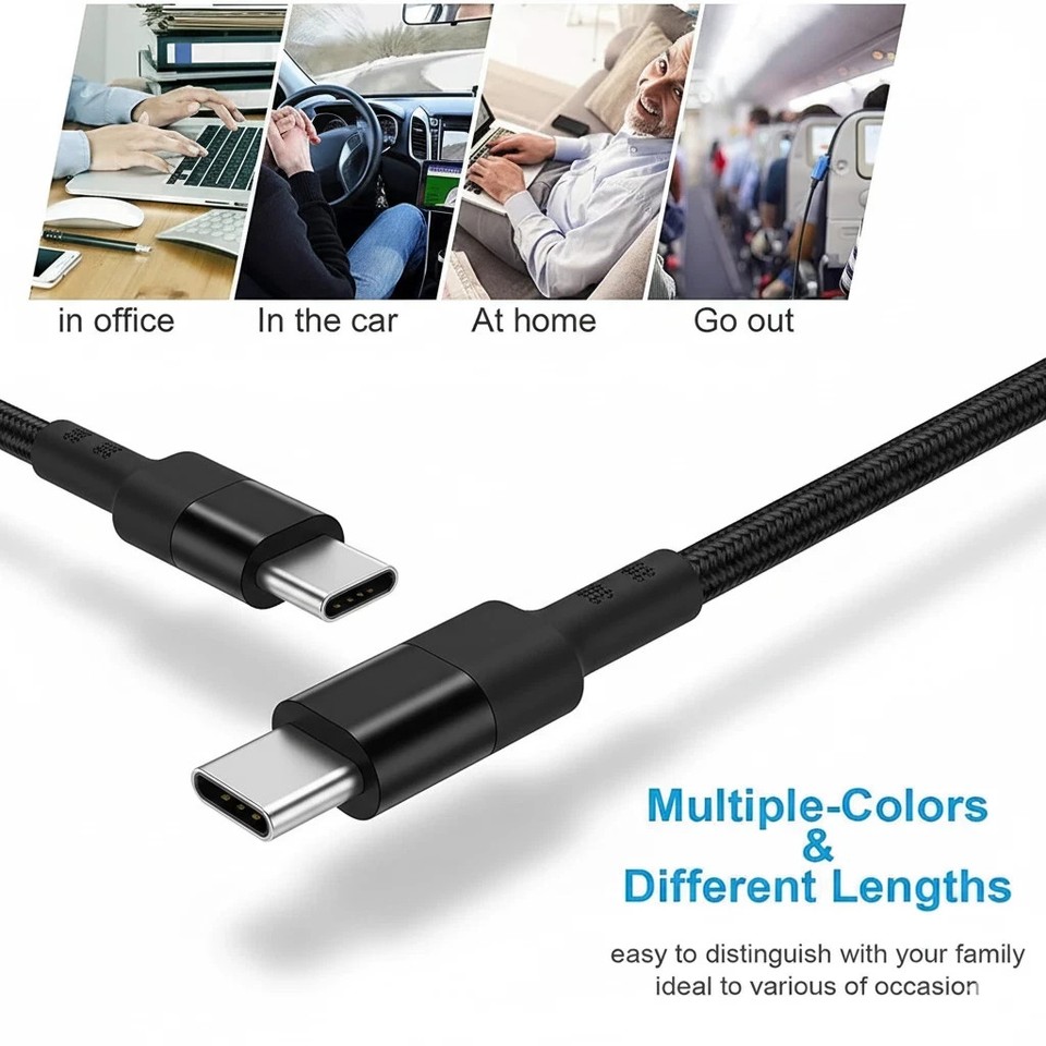 Type C to Type C Cable PD 60W Fast Charger Braided Long USB Lead LED ...