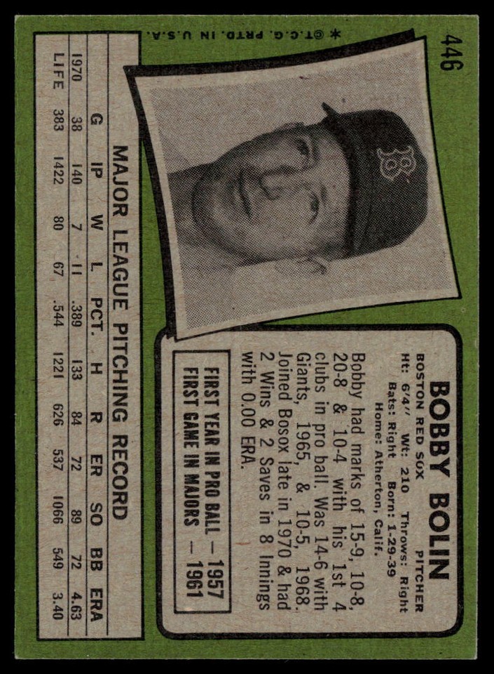 Bobby Bolin 1971 Topps #446 EX No Crease A | eBay