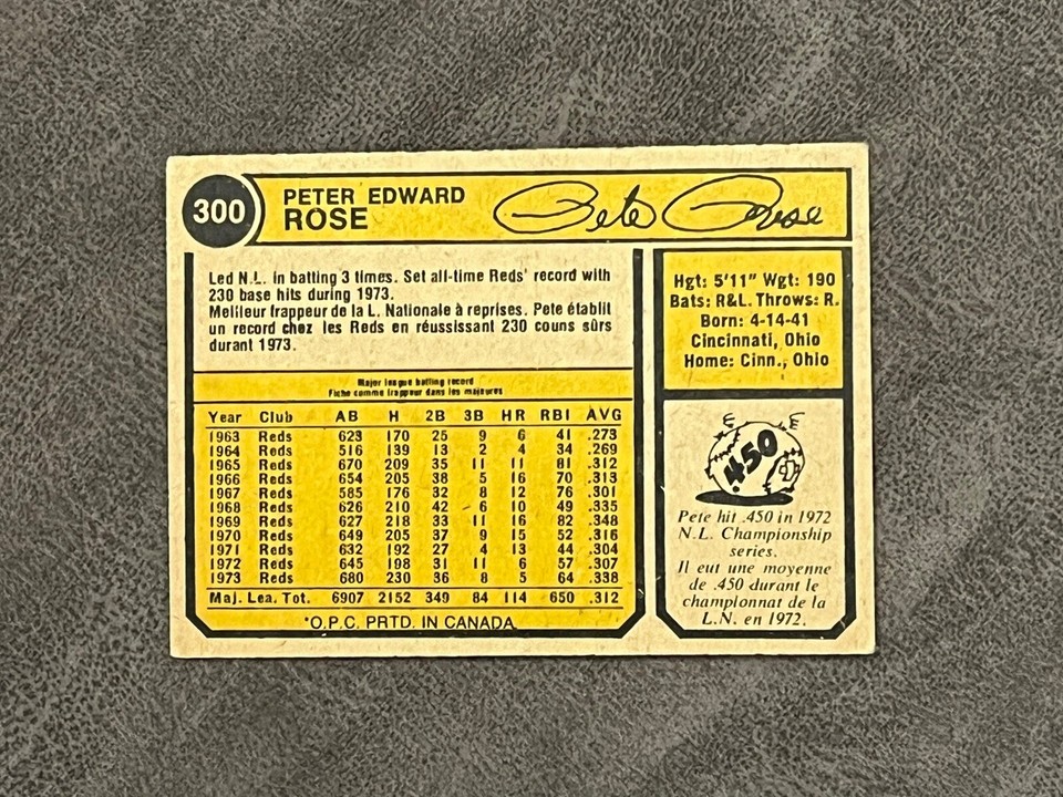 1974 O-Pee-Chee OPC Pete Rose #300 VG-EX (sm crease) Reds SUPER RARE ...
