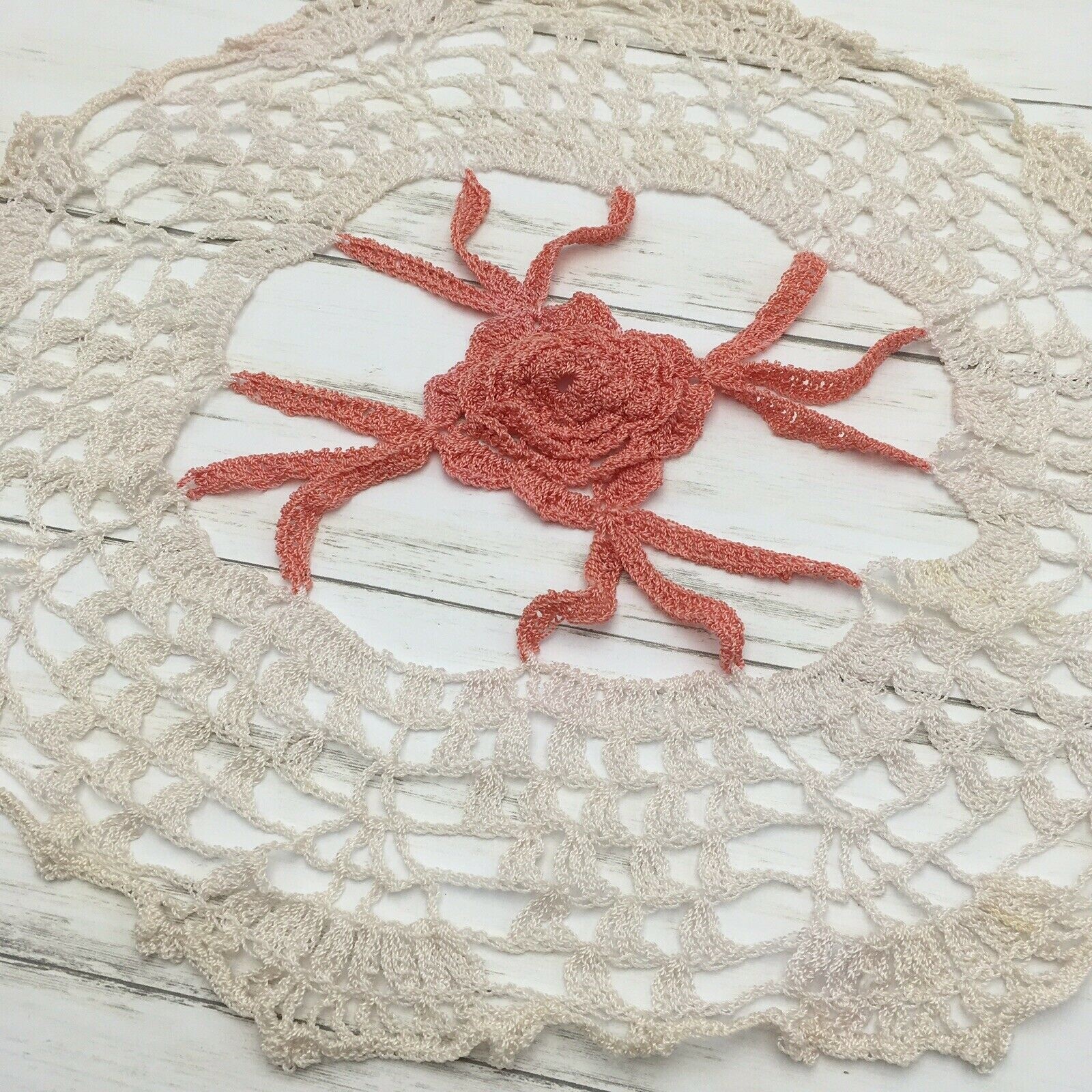 #P49 Hand Crocheted Doily Pink White Rose Doily 14" Doilies Centerpiece ...