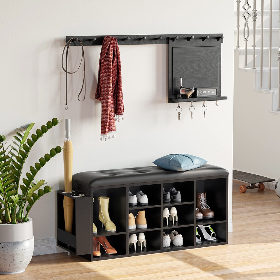 Shoe Bench, Ten Cubbies Storage Entryway Bench with PU Leather, Cubby ...