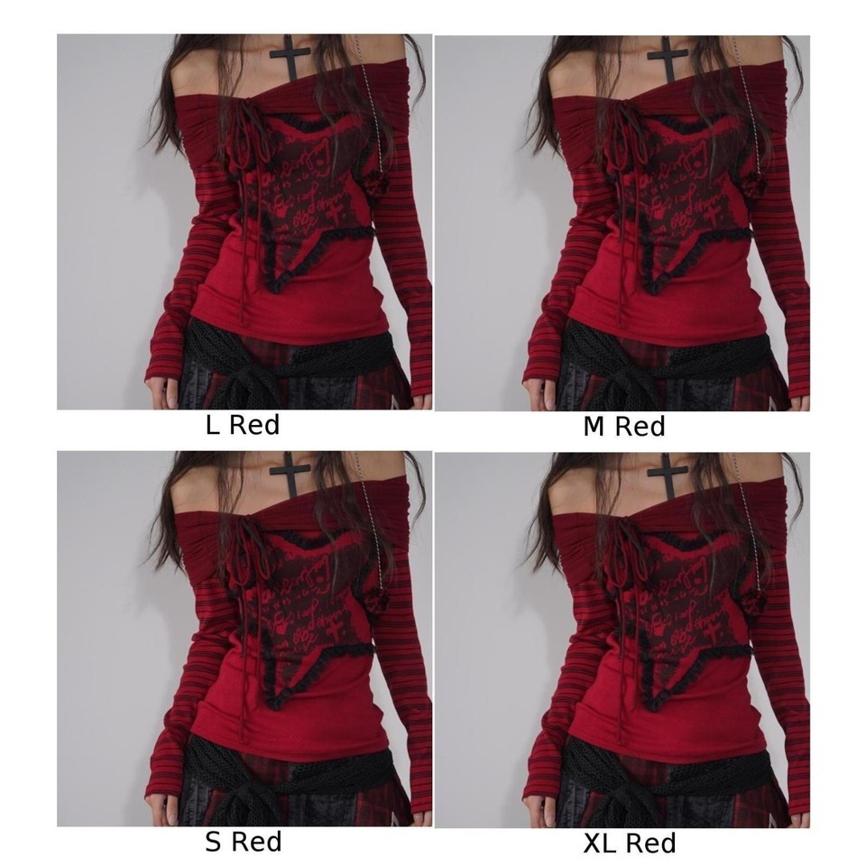 Womens Vintage Punk T Shirt with Off Shoulders and Long Sleeves in Red ...