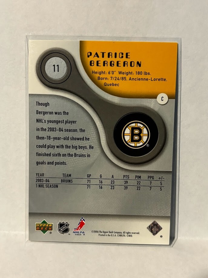 Patrice Bergeron 2005-06 Upper Deck SP Game Used Edition Card # 11 | eBay