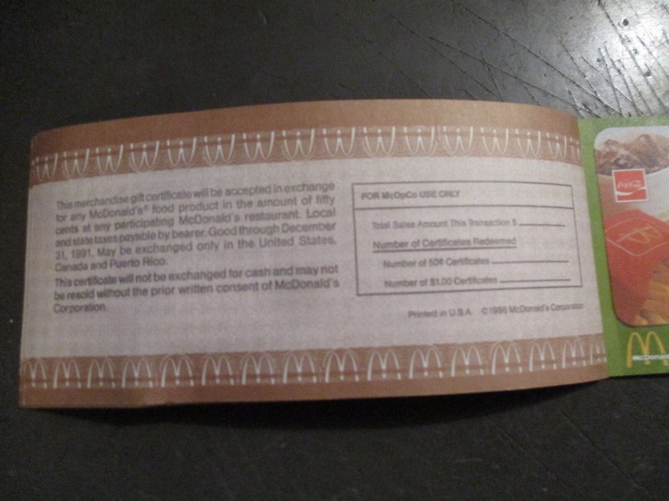 1986, McDonald's Book of 50 Cents Gift Certificate (Unused) | eBay