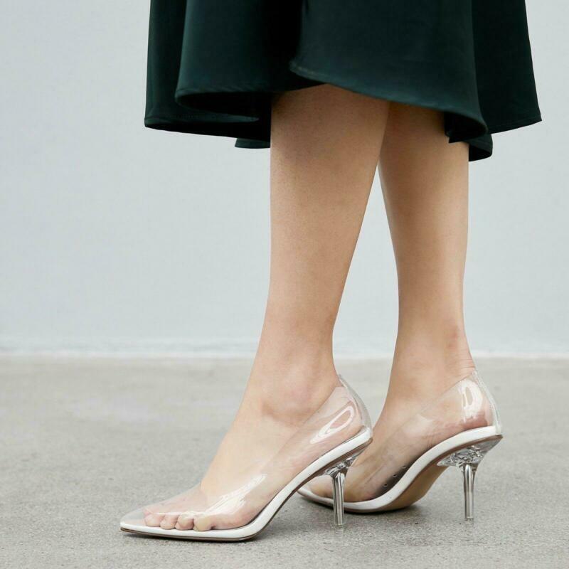 Womens Clear Pumps Shoes Transparent Pointed Toe Middle Heels Party ...