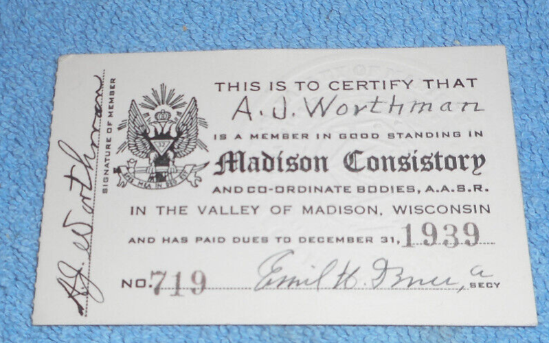 1939 Masonic Ephemera Scottish Rite Madison Consistory Wisconsin Member ...