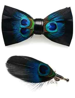 RBOCOTT Mens Handmade Feather Pre-tied Bow tie and Brooch Sets peacock ...