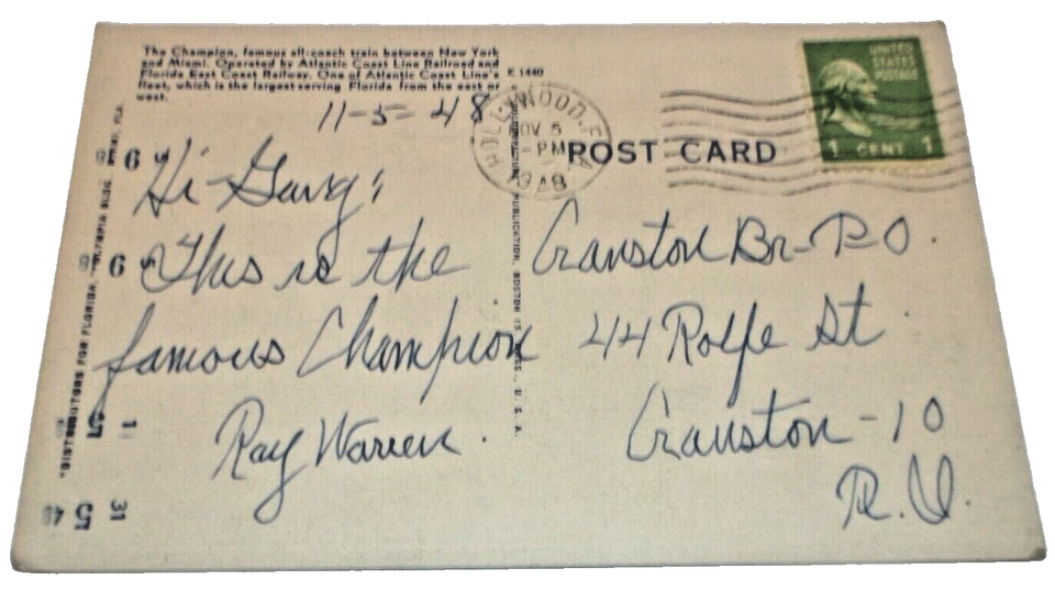 1948 ACL ATLANTIC COAST LINE RAILROAD STREAMLINER THE CHAMPION LINEN ...