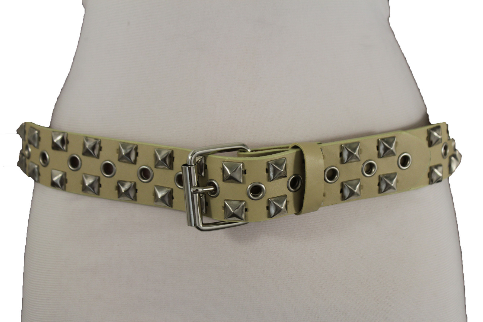 Women Men Beige Punk Rocker Fashion Belt Silver Studs Holes Basic Style ...