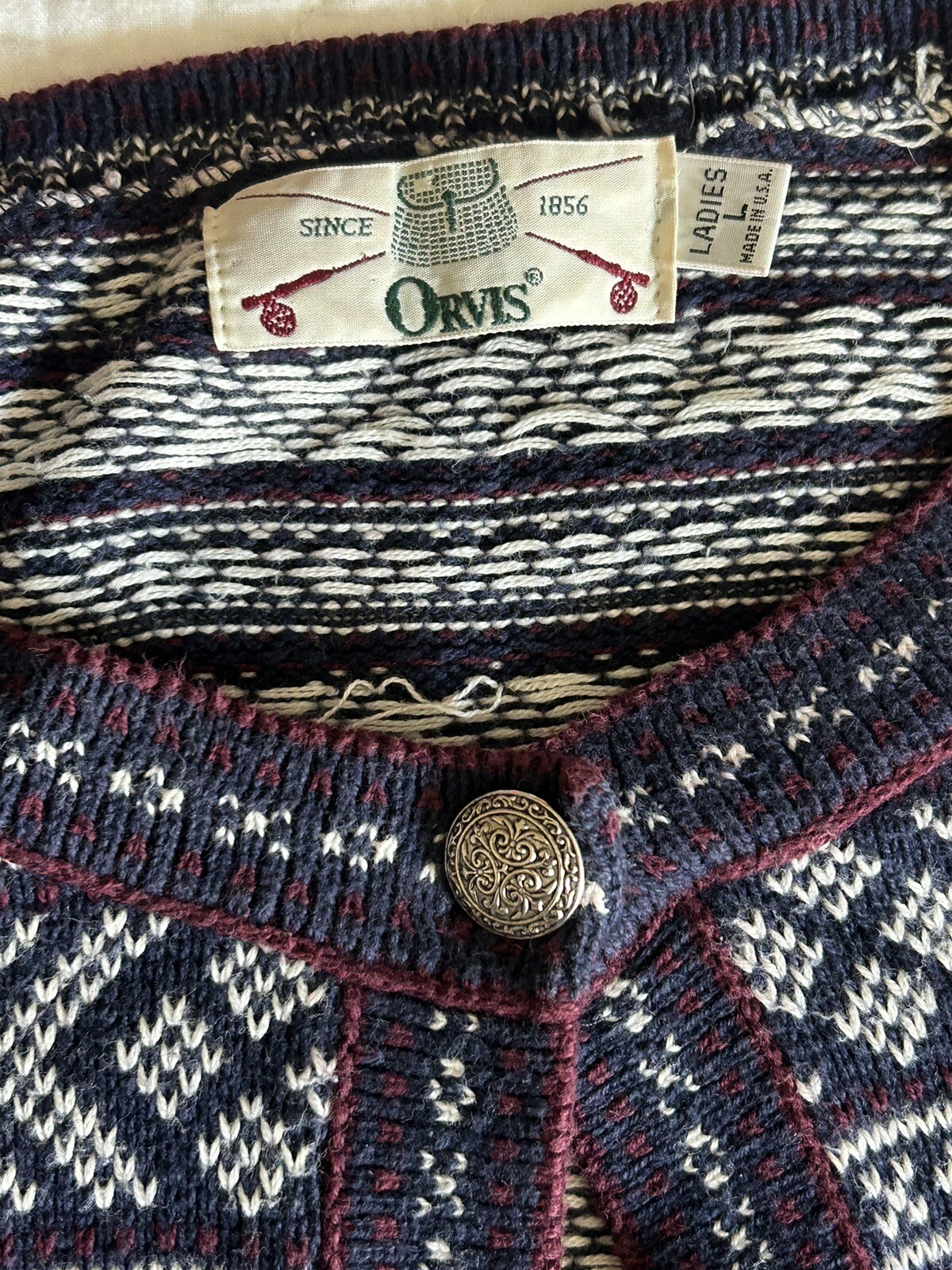 Orvis Nordic Fair Isle Snowflake Sweater Cardigan Cotton Metal Button ...