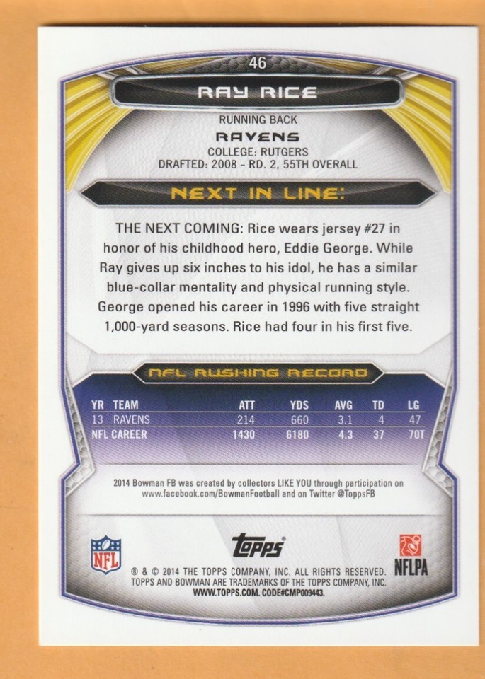 Ray Rice Baltimore Ravens 2014 Bowman Black #46 Rutgers Scarlet Knights ...
