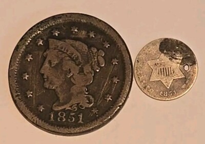 1851 Three Cent Silver 3c Trime and 1851 One Large Cent | eBay