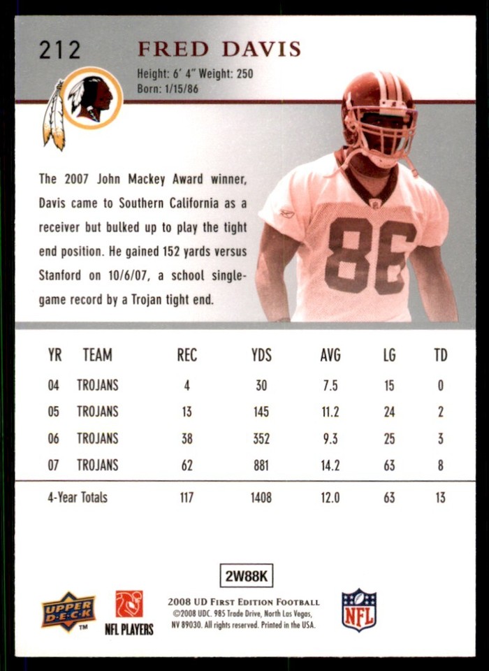 2008 Upper Deck First Edition Fred Davis Rookie Washington Redskins ...