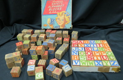 101 vintage childrens wood safety blocks / 36 complete in original box ...