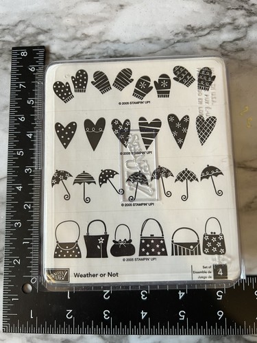 Stampin Up WEATHER OR NOT Rubber stamp set Mittens Umbrella Heart Purse ...