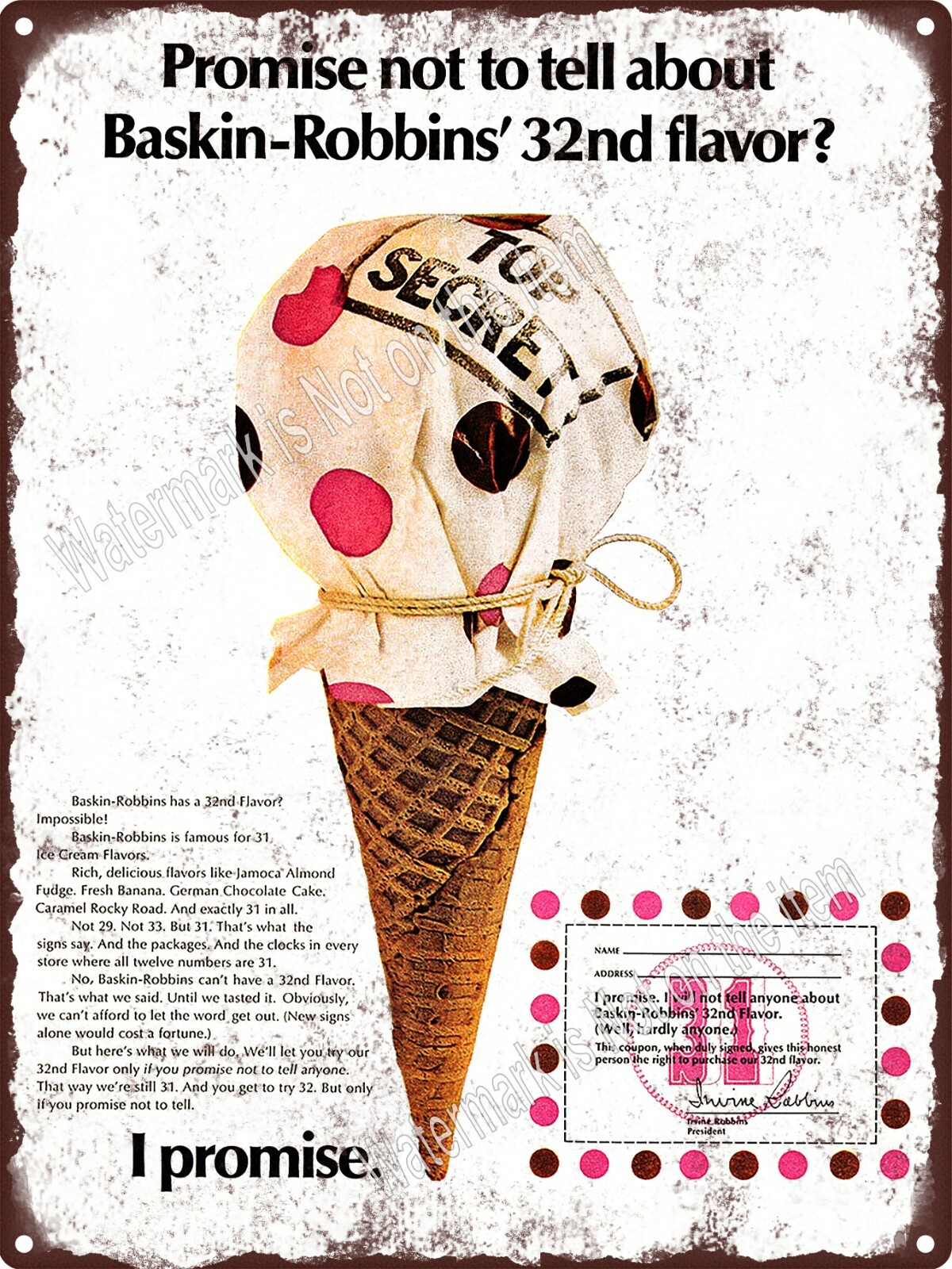 1970 Baskin Robbins Ice Cream 32nd Flavor Man Cave Metal Sign 9x12 ...