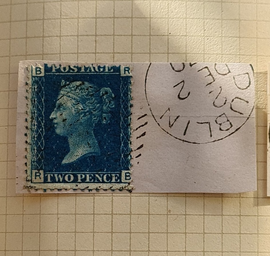 GB 1870 Queen Victoria 2d Blue Pl.13 SG45 FU on piece with Dublin ...