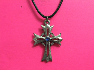 SMALL GOTHIC CROSS VINTAGE NECKLACE PENDANT UK MADE BLUE BEAD. 2 | eBay