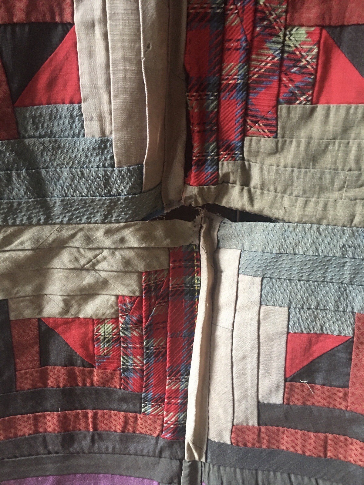 Antique Primitive Farmhouse Log Cabin Quilt ~ Red Black Blue Green ...