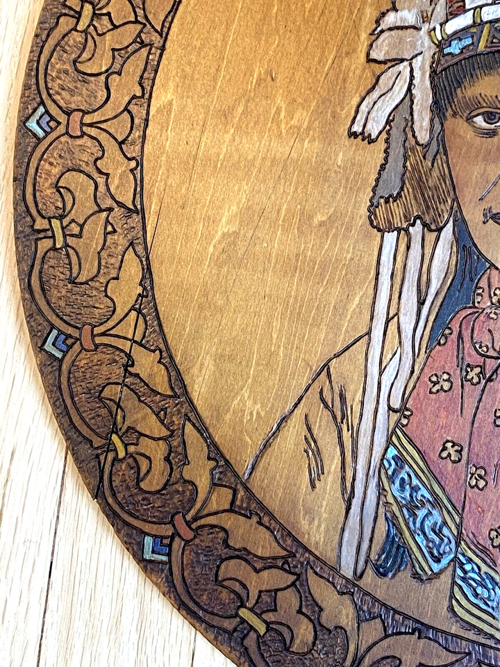 Massive Antique Pyrography Flemish Art 18" Plaque Native American Date ...