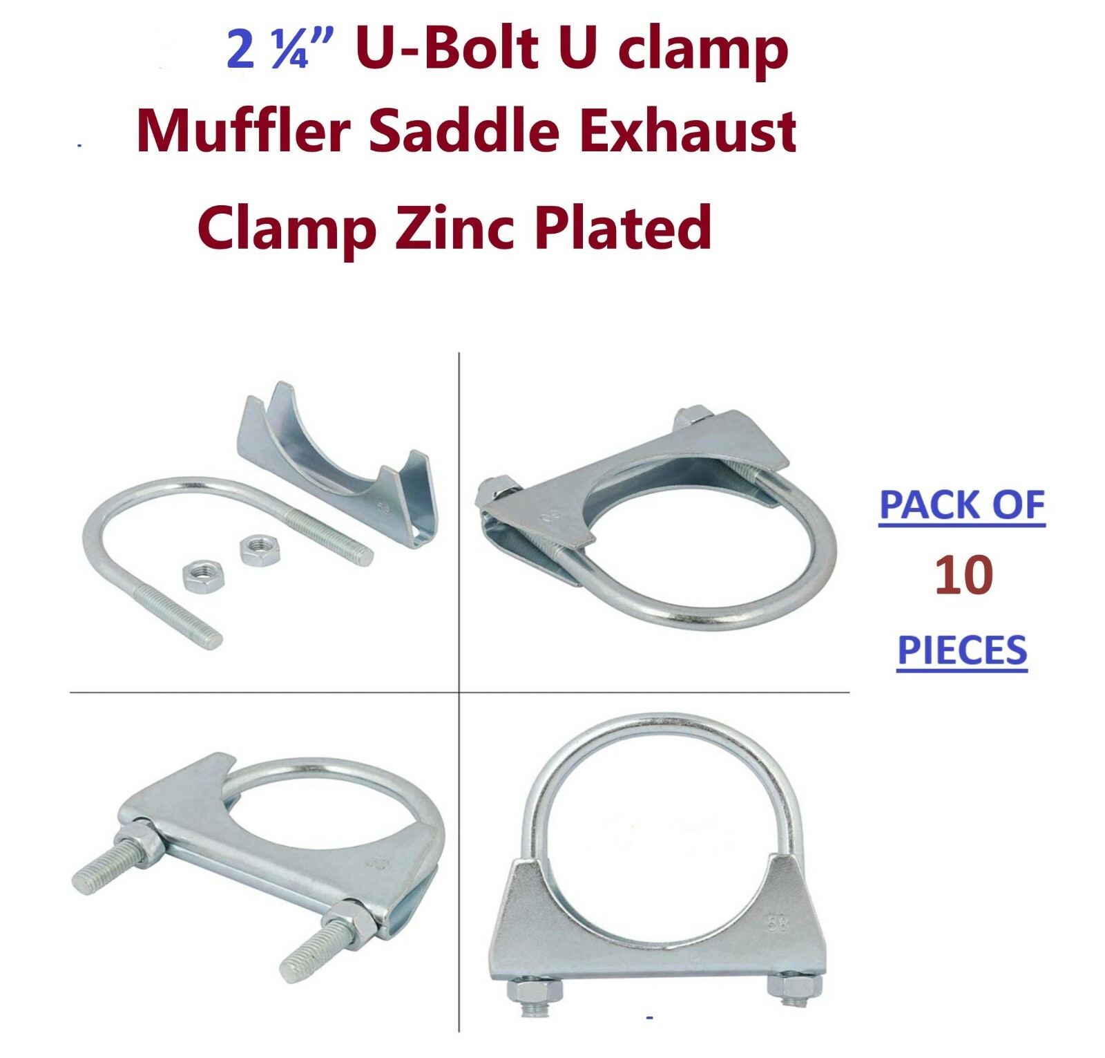 2 1/4" (2.25") U-Bolt Uclamp Muffler Saddle Exhaust Clamp Pack of 10 Zinc plated | eBay