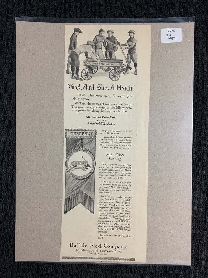 1920 BUFFALO SLED CO. 5.5x15" Print Ad FN 6.0 Gee, Aint She a Peach Toy ...