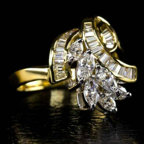 2.50Ct Marquise Lab-Created Diamond Baguette Wedding Ring 14K Yellow ...