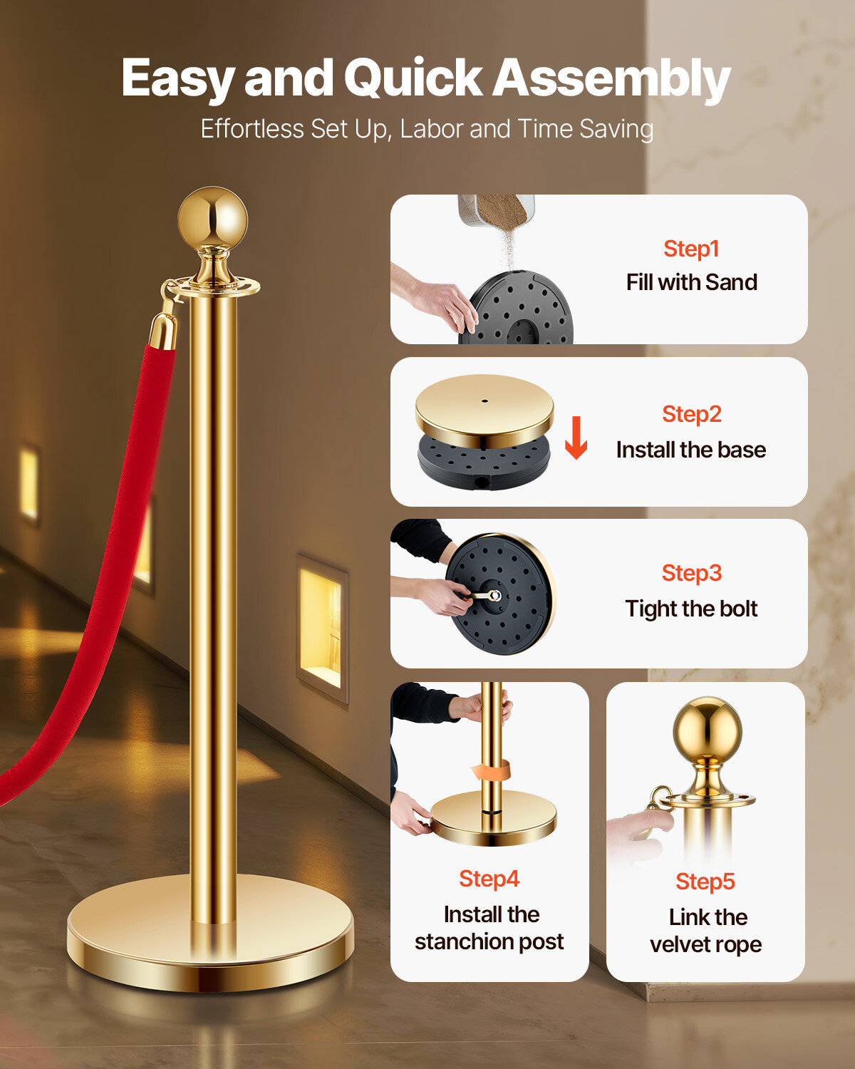 8 Pcs Gold Stanchion Post Set with Red Velvet Ropes, Crowd Control
