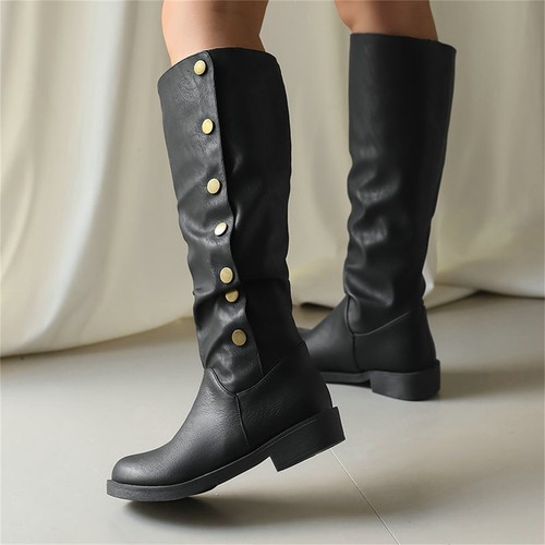 Women's Round Toe Knee High Sloch Boots Pleated Button Up Retro British Style | eBay