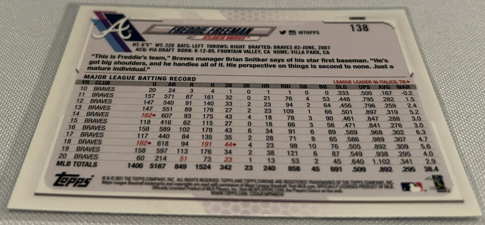 2021 Topps Chrome Baseball Freddie Freeman Atlanta Braves base card ...