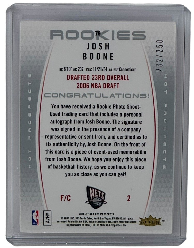 Josh Boone 2006-07 Fleer Hot Prospects Rookie Patch Autograph Card /250 ...