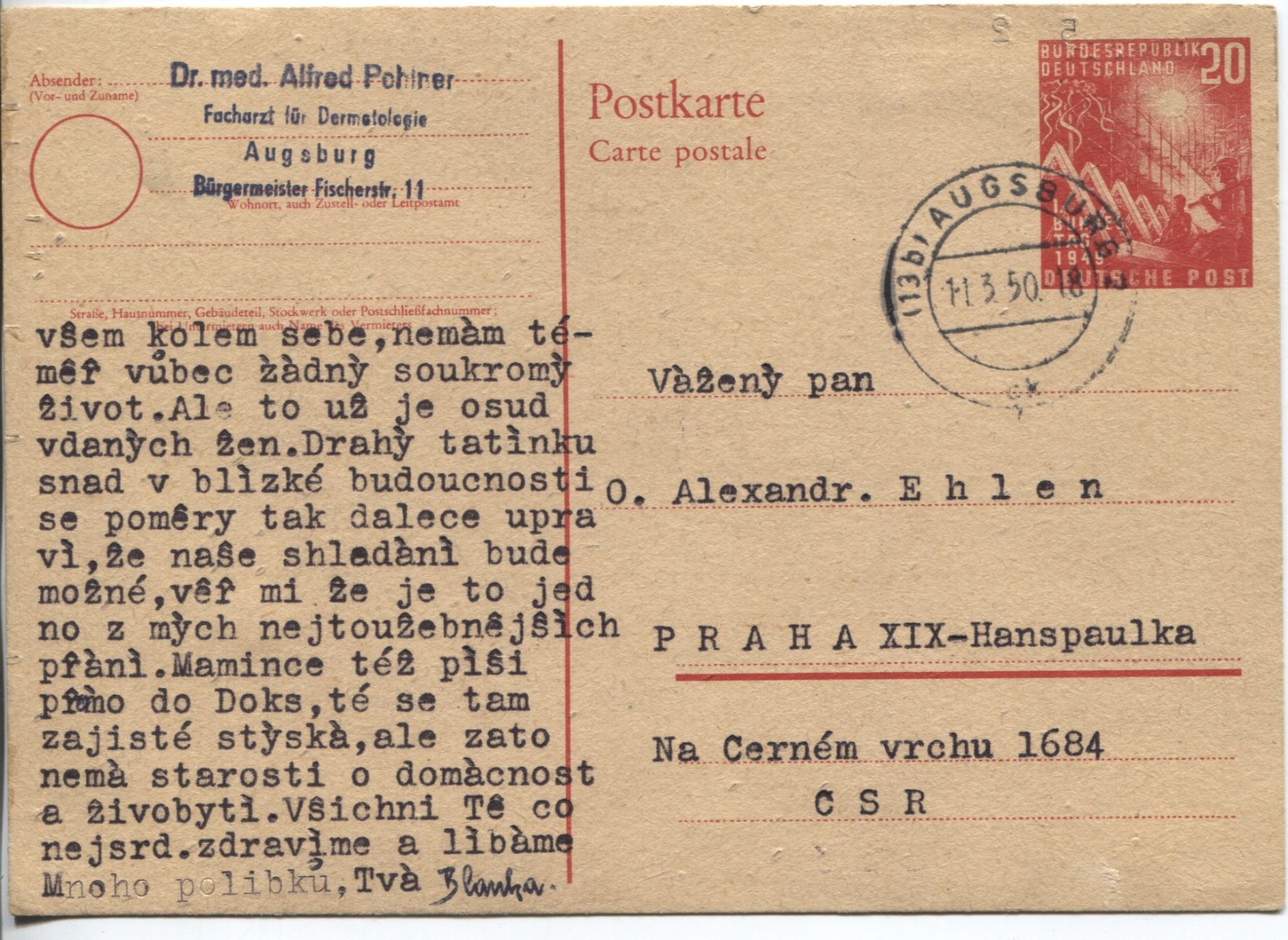 BRD P10 Auslandskarte Maschinenstempel 11.3.50 Augsburg CSR | eBay.de