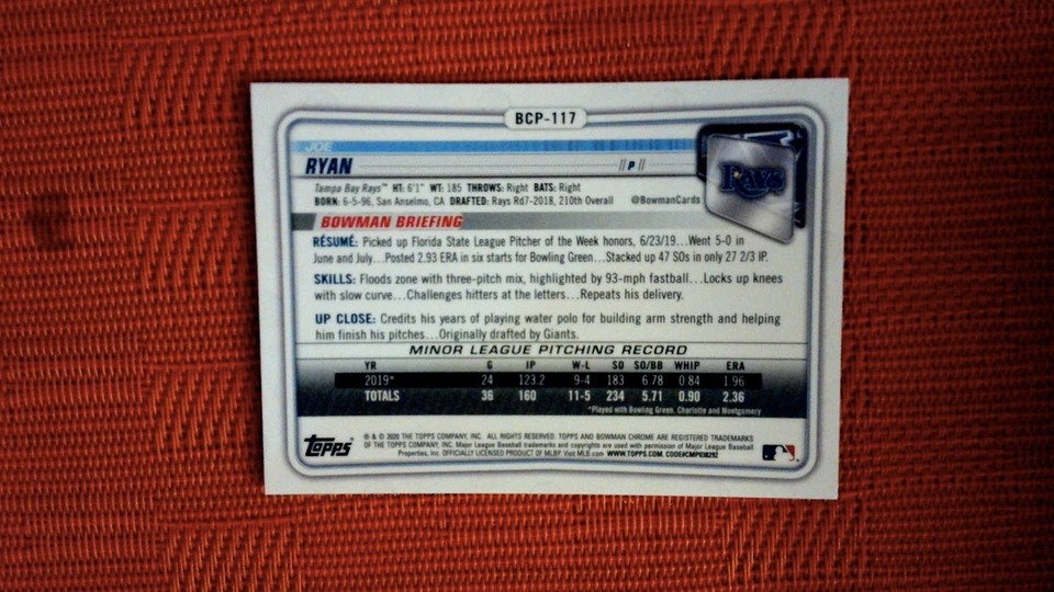 2020 Bowman #BCP-117 Joe Ryan Chrome Prospects | eBay