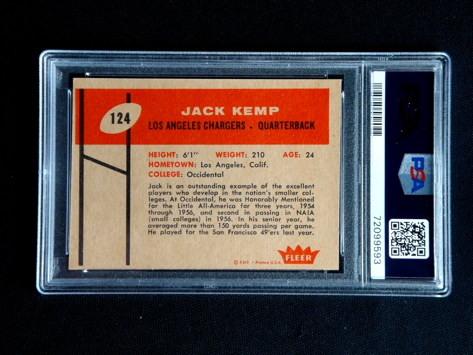 JACK KEMP 1960 FLEER FOOTBALL ROOKIE CARD #124 PSA 6 EX-MT QB CHARGERS ...