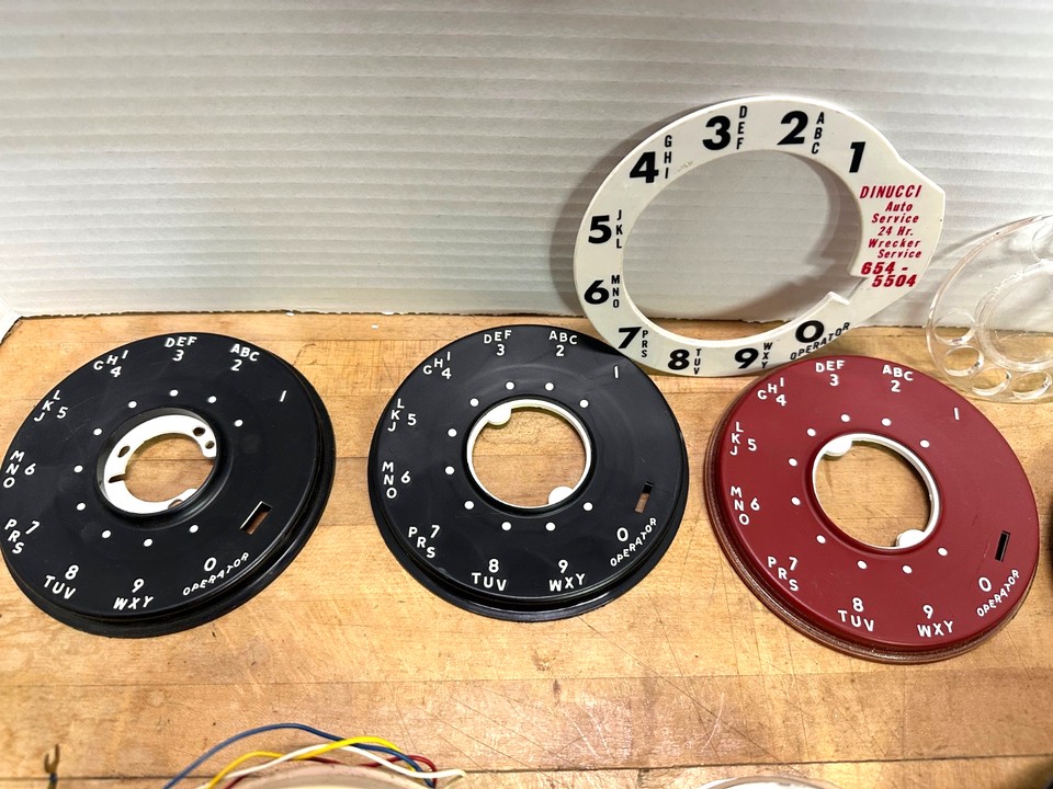 3 VINTAGE ROTARY PHONE DIAL ASSEMBLIES AND 3 NEW DIAL NUMBER FACE ...