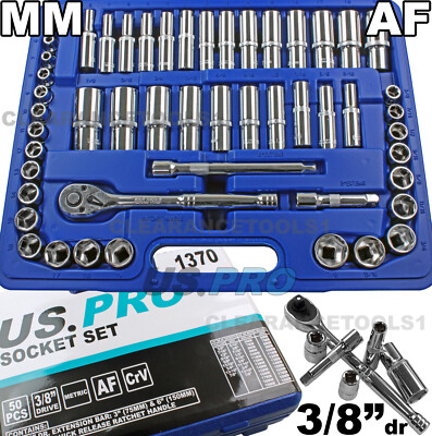 US PRO 3/8" Drive Socket Set Metric & AF Shallow & Deep Sockets 50 ...