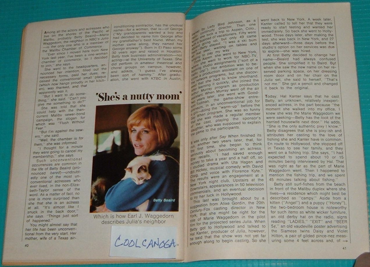 1969 TV ARTICLE ~ BETTY BEAIRD is MARIE WAGGEDORN on JULIA TELEVISION ...