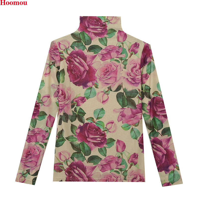 Western Women Retro Flower High Neck Mesh Slim Pullover Basic Tops ...