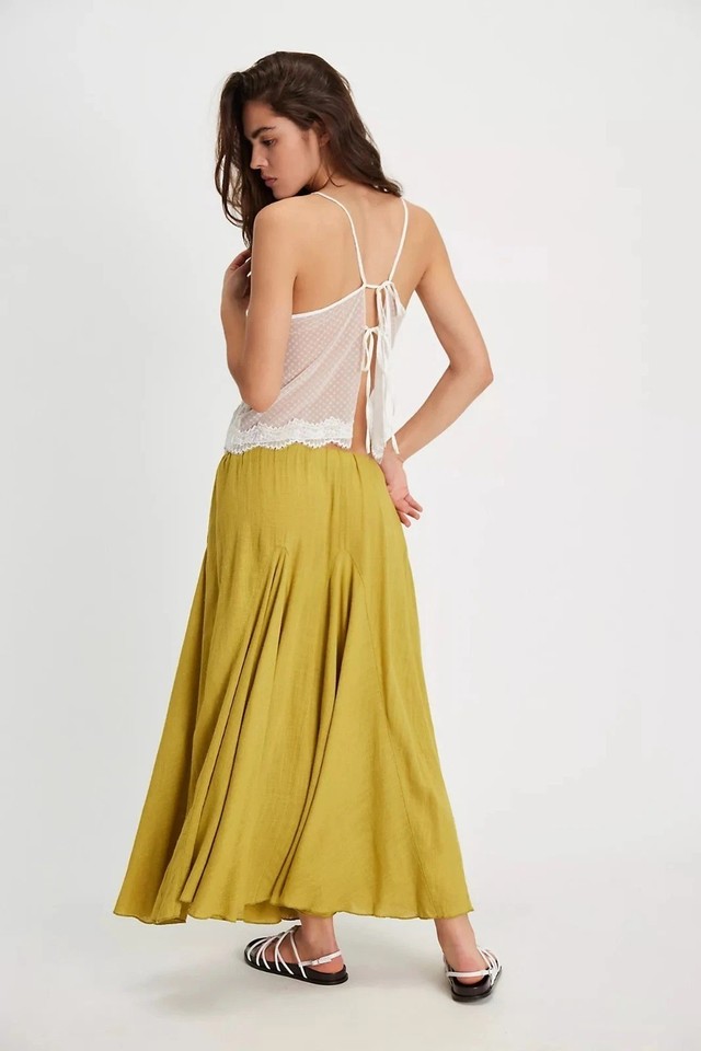Free People Madras That Solid Linen Maxi Skirt A Line Godet Mid Rise XS ...