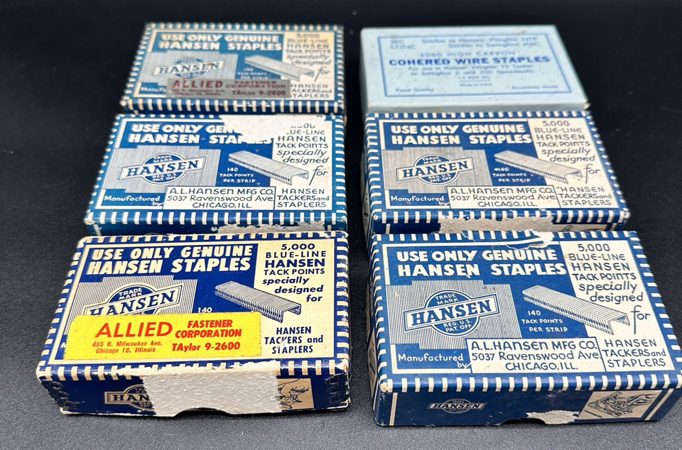 5 Boxes Vintage Hansen Blue Line Staples #34 1/4 Tack Point Chicago IL ...