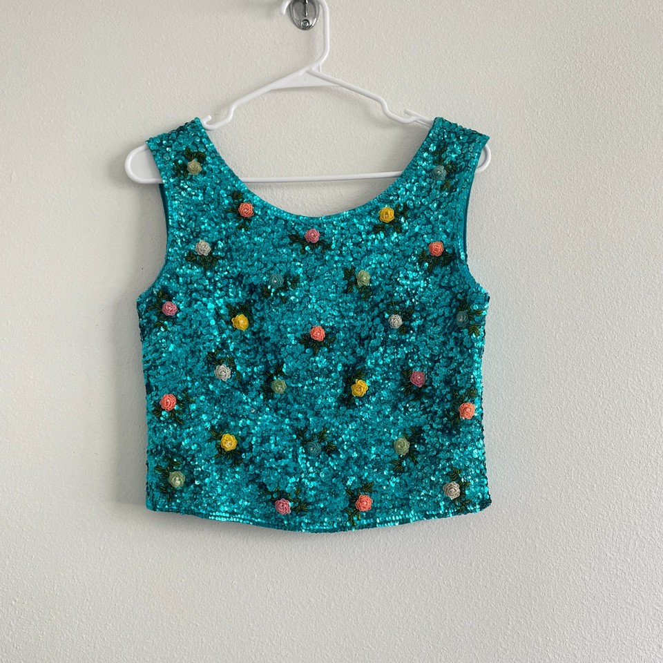 Vintage 60s Sequin Top Tank Womens S Blue Floral Beads Cocktail Party ...