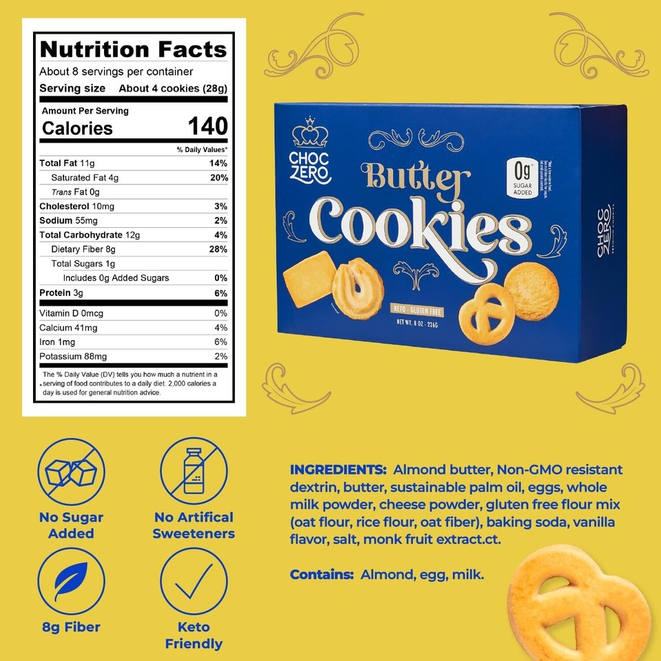 ChocZero Keto Butter Cookies Sugar Free Danish Shortbread Gluten Free 1 ...