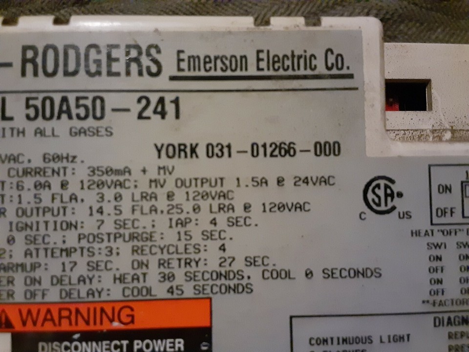 White Rodgers Furnace Control Circuit Board 50A50-241 YORK 031-01266 ...