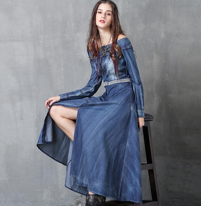 Women Slash Neck Long Sleeve Full Length Denim Slim Fit Sexy Retro ...