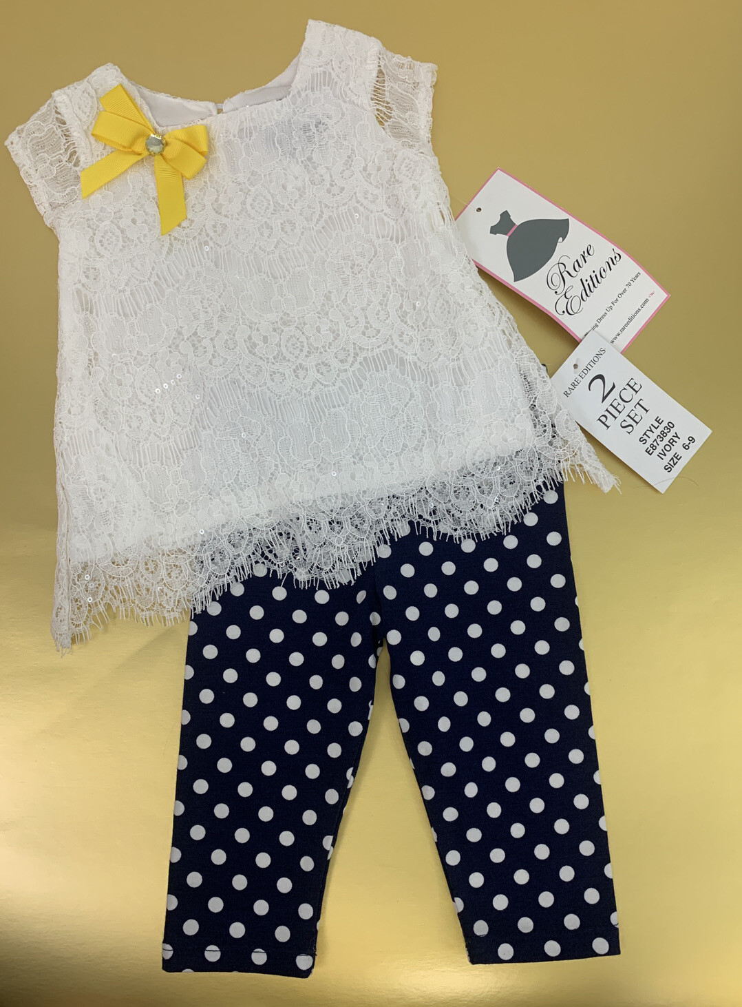 Rare Editions Baby 2-Piece Set Ivory Lace Top Navy Polka Dot Pants 6-9 ...